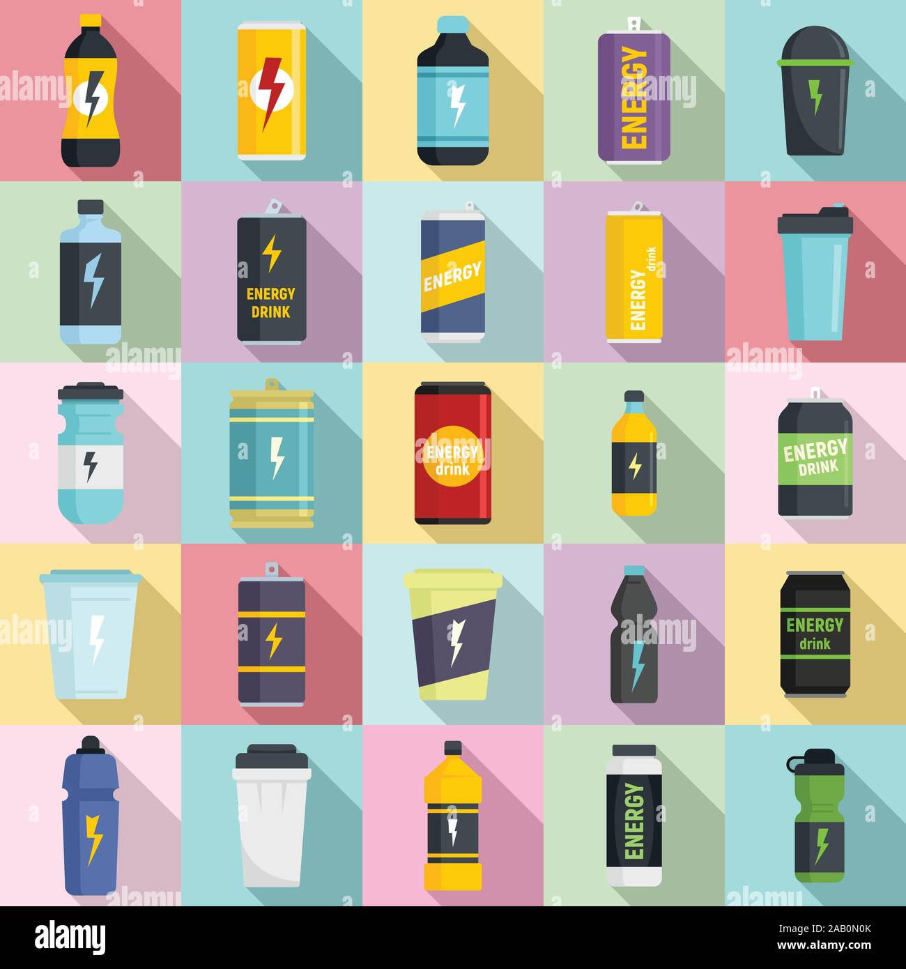 Energetic drink icons set. Flat set of energetic drink vector icons for ...