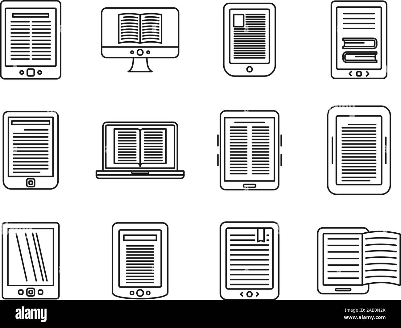 Ebook reader icons set. Outline set of ebook reader vector icons for ...