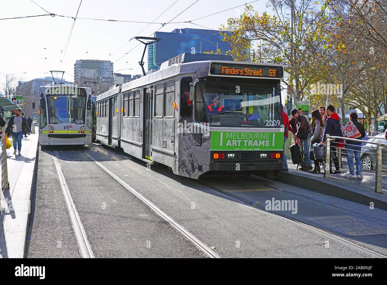 MELBOURNE, AUSTRALIA -12 JUL 2019- View of a tram in Melbourne, the ...