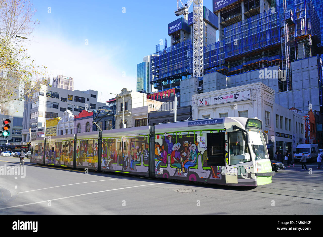 MELBOURNE, AUSTRALIA -12 JUL 2019- View of a tram in Melbourne, the ...