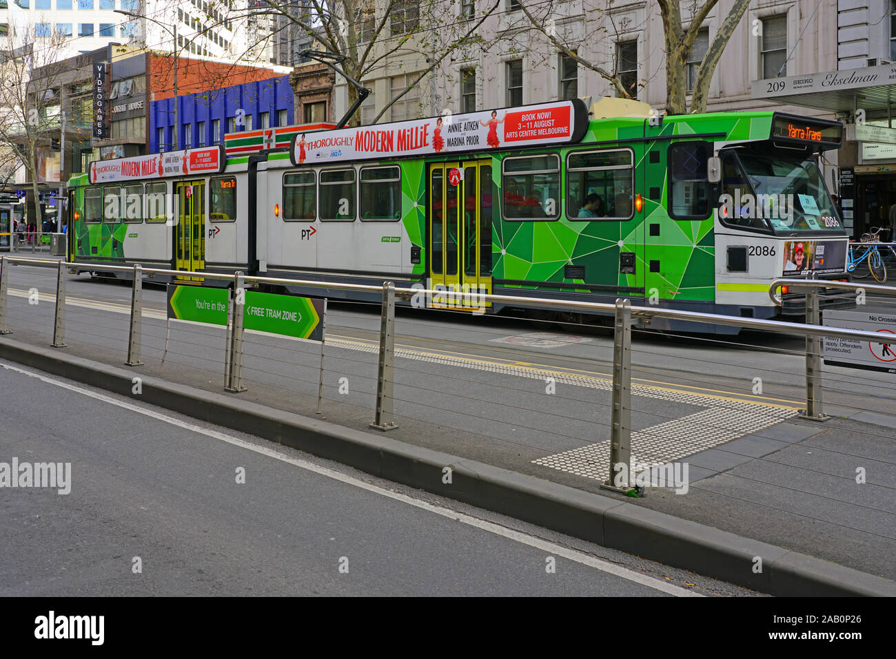 MELBOURNE, AUSTRALIA -12 JUL 2019- View of a tram in Melbourne, the ...