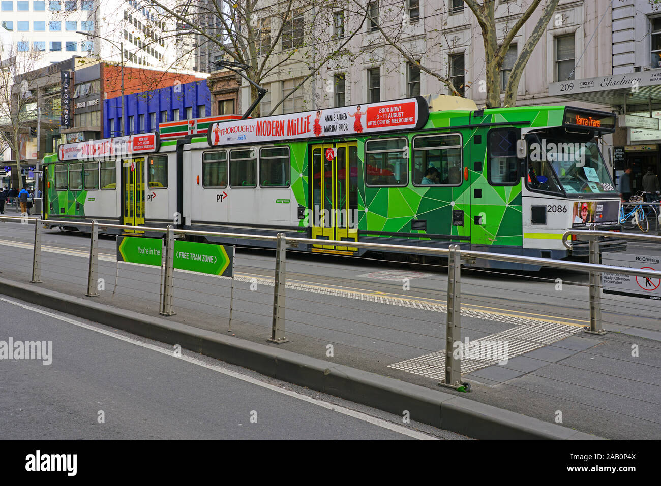 MELBOURNE, AUSTRALIA -12 JUL 2019- View of a tram in Melbourne, the ...
