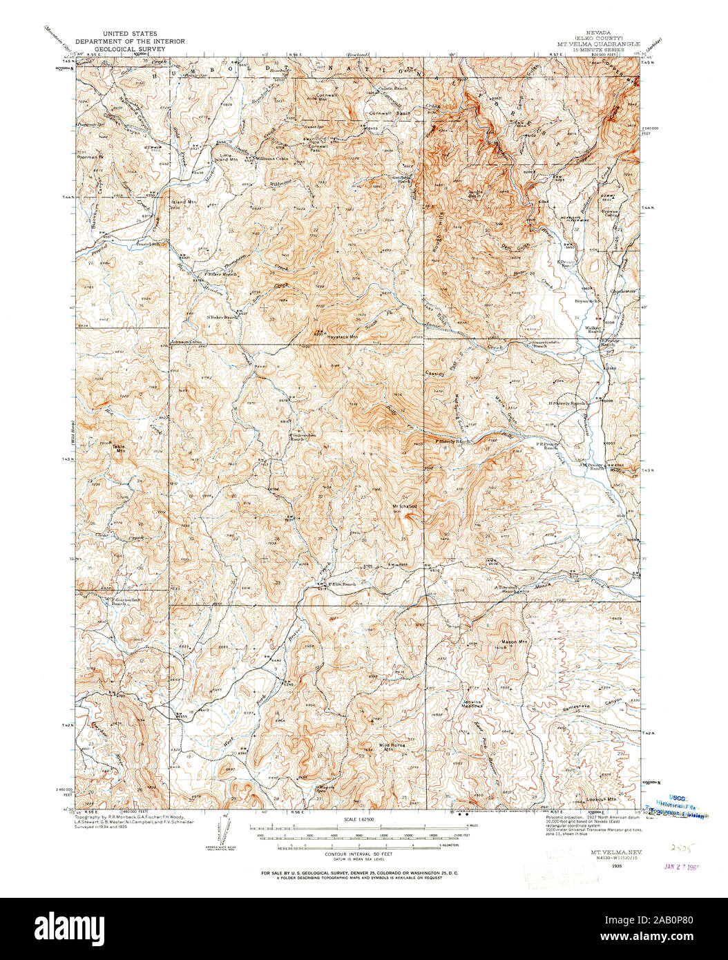 USGS TOPO Map Nevada NV Mt Velma 321130 1935 62500 Restoration Stock ...