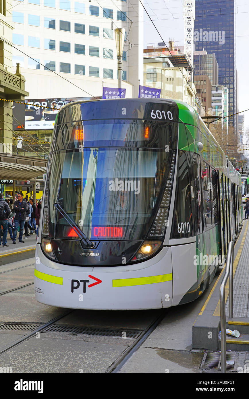 MELBOURNE, AUSTRALIA -12 JUL 2019- View of a tram in Melbourne, the ...