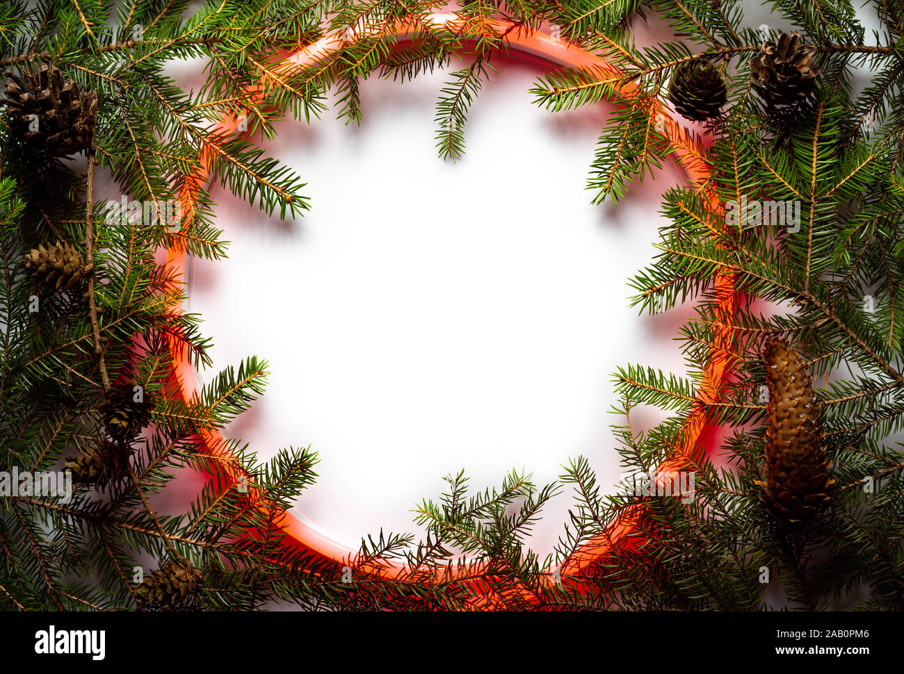 Christmas round frame made by neon and winter things on white ...