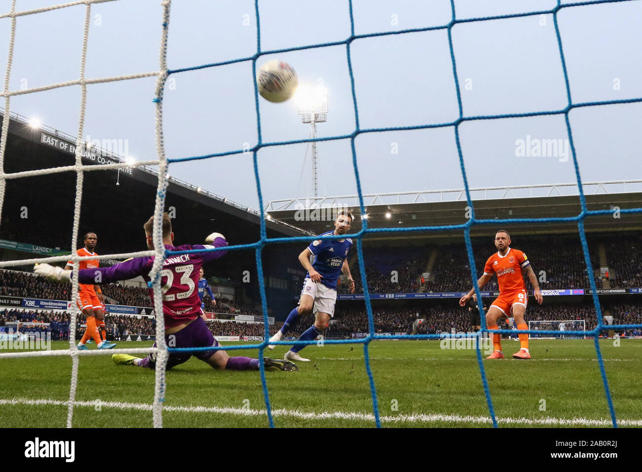 IPSWICH, UK, 23rd November 2019: Gwion Edwards of Ipswich Town scores ...