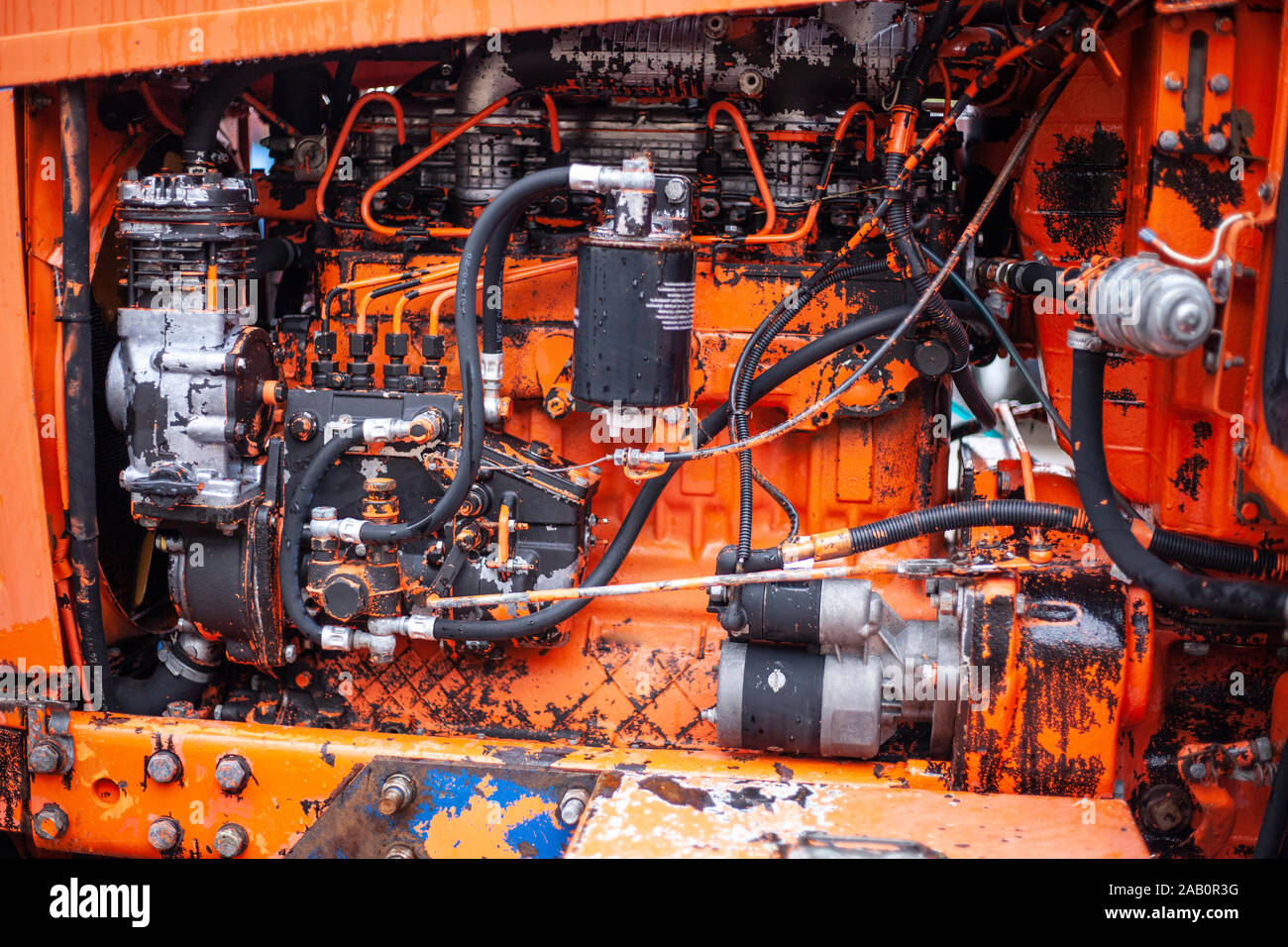 Internal combustion engine at the tractor. The inside of the engine ...