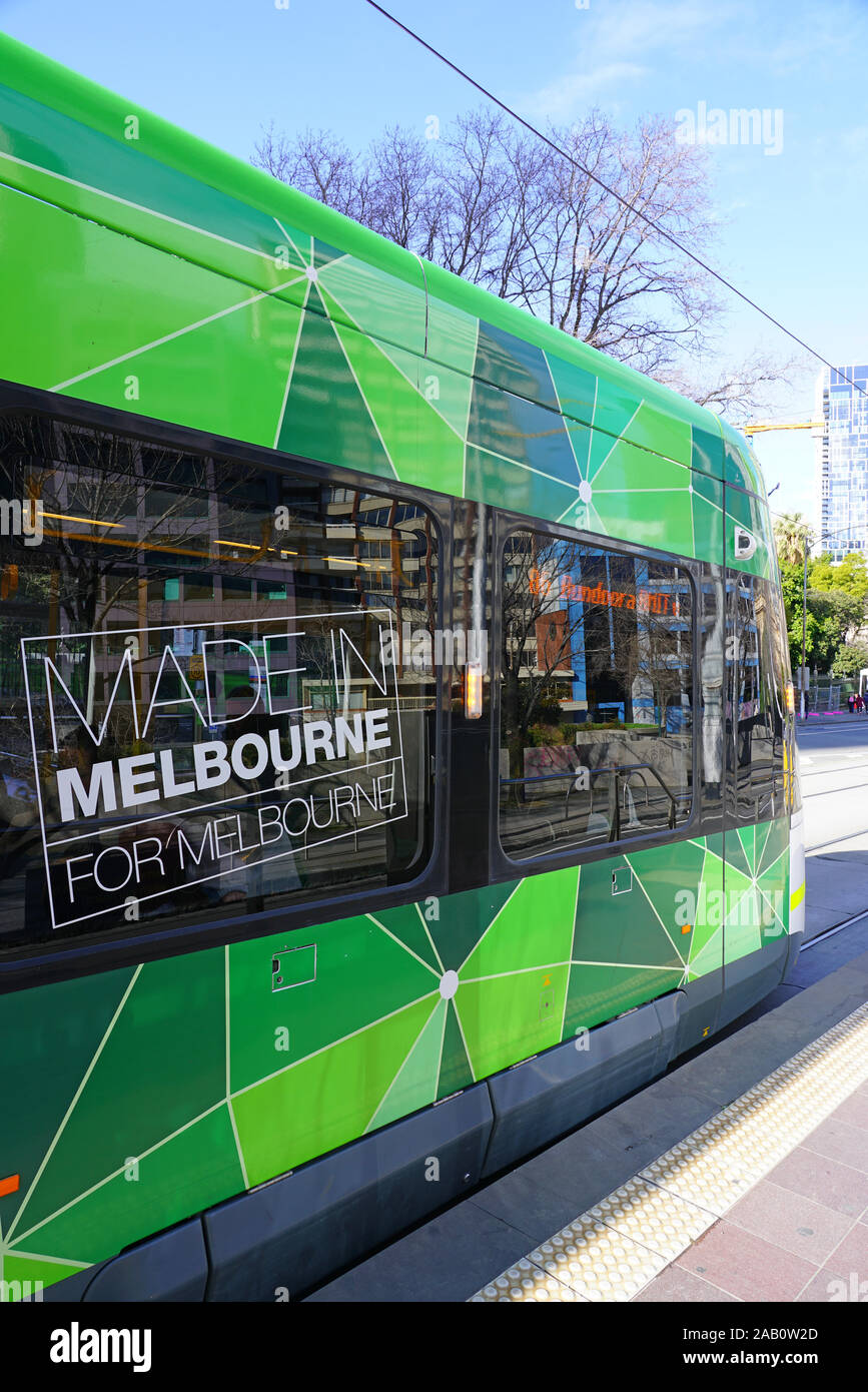 MELBOURNE, AUSTRALIA -12 JUL 2019- View of a tram in Melbourne, the ...