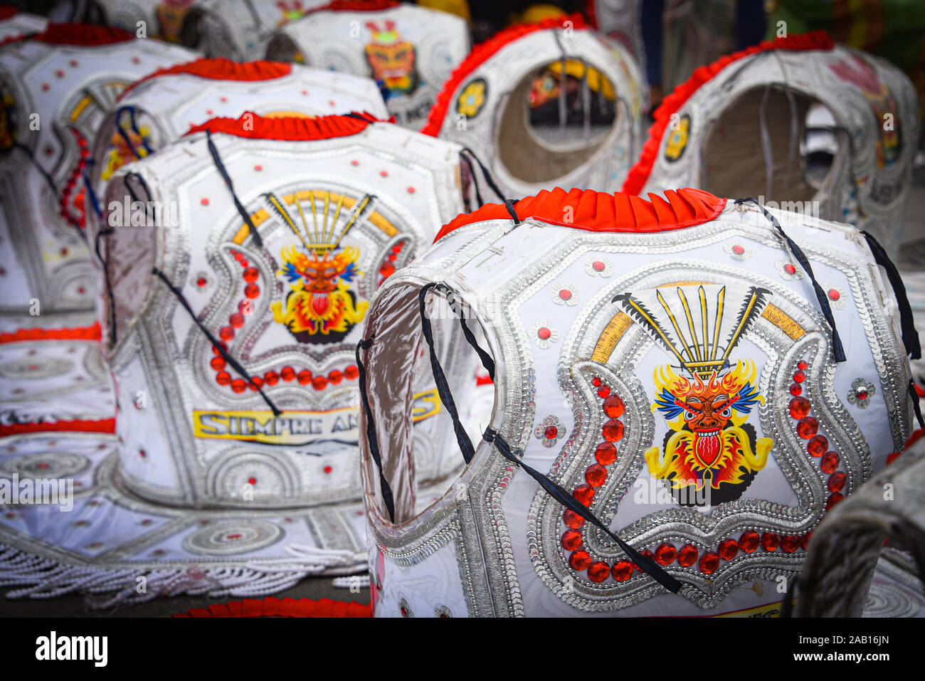 Lima, Peru - Nov 17, 2019: Elaborate masks and costumes on display ...