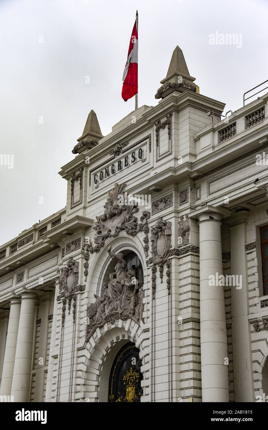 Lima, Peru - Nov 19, 2019: Exterior facade of Peru's National Congress ...