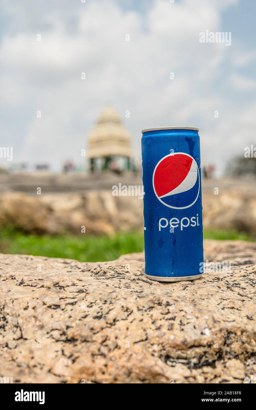 Bengaluru city, Lalbagh Botanical Garden Park, Pepsi Cola can on rocky ...