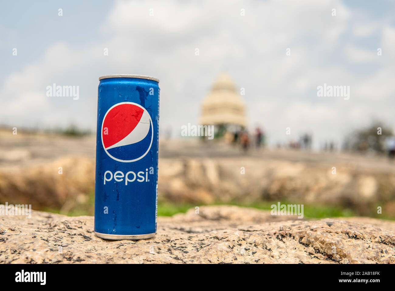 Bengaluru city, Lalbagh Botanical Garden Park, Pepsi Cola can on rocky ...