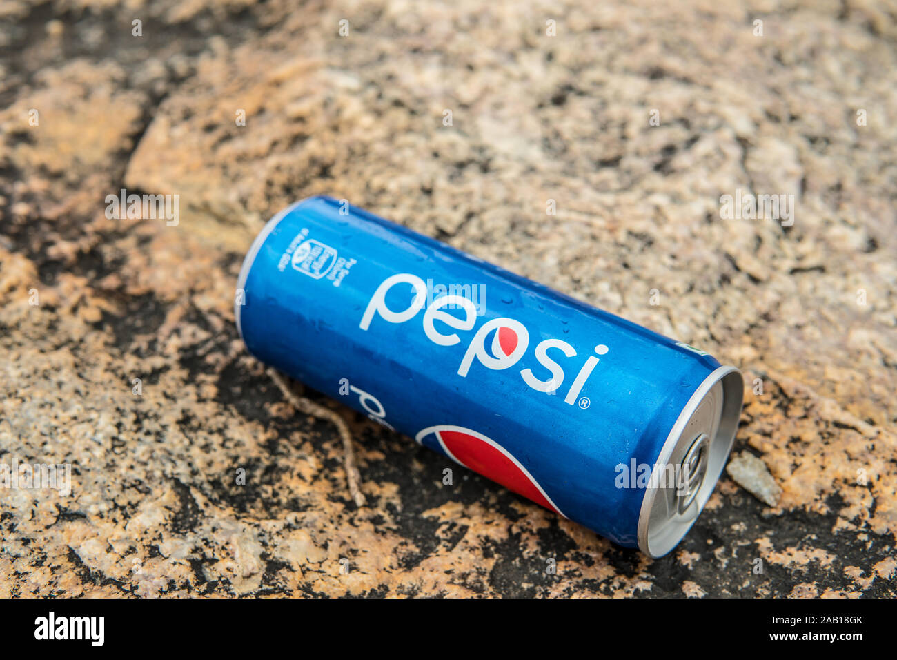 Bengaluru city, Lalbagh Botanical Garden Park, Pepsi Cola can on rocky ...