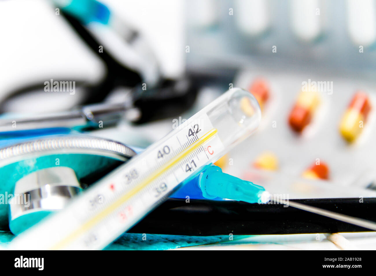 Photo of the Set for flu treatment, thermometer, nasal sprays ...