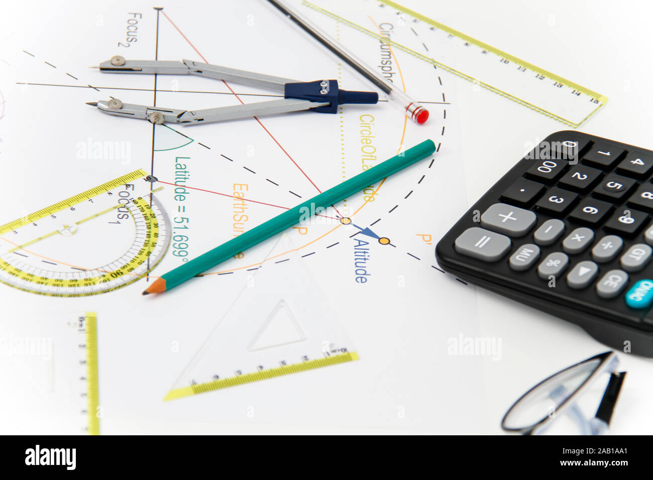 Photo of the Business Architectural project, pair of compasses, glasses ...