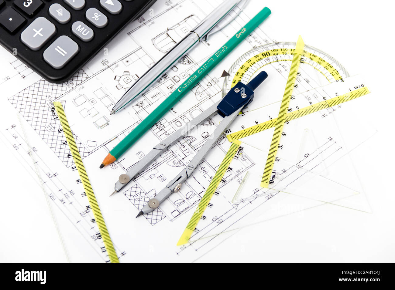 Photo of the Architectural project, pair of compasses, rulers and ...