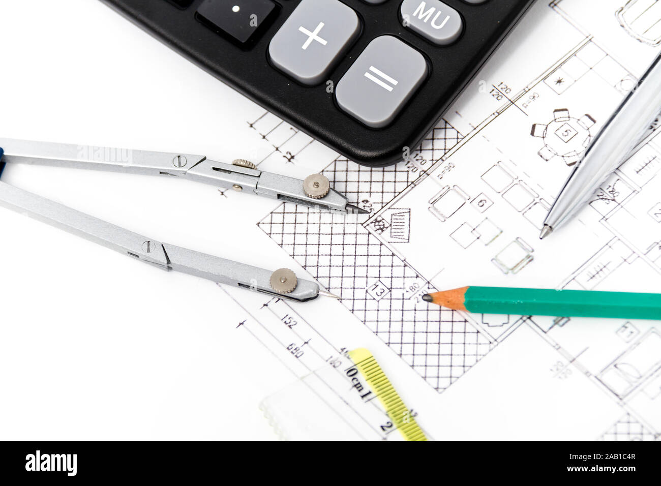 Photo of the Architectural project, pair of compasses, rulers and ...