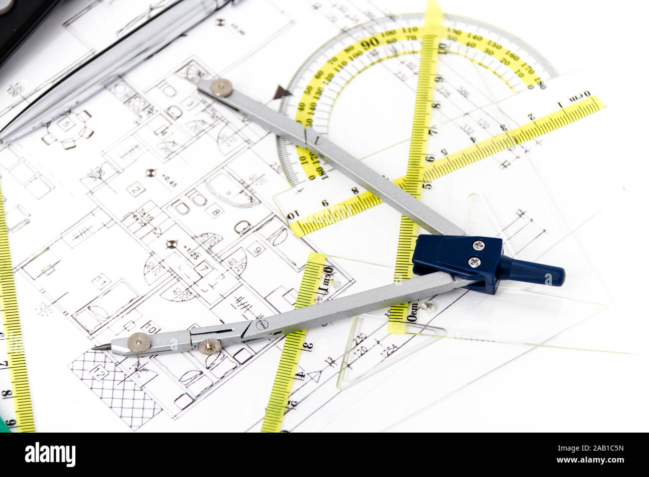 Photo of the Architectural project, pair of compasses, rulers and ...