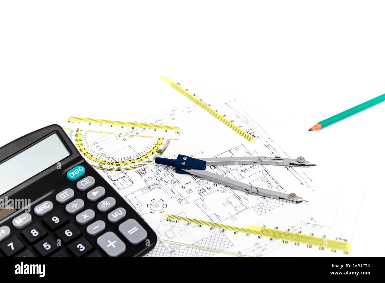 Photo of the Architectural project, pair of compasses, rulers and ...