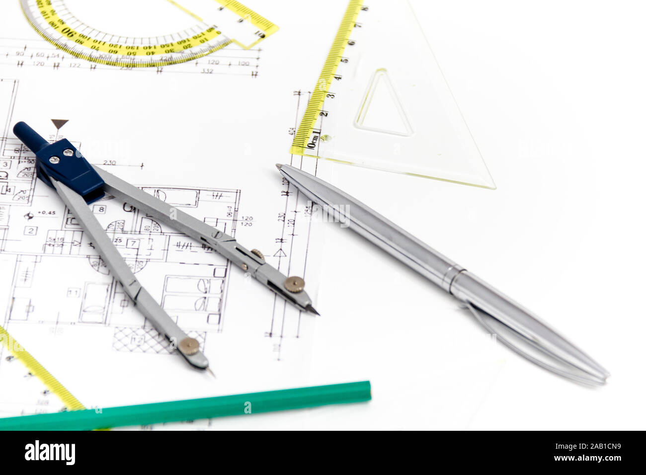 Photo of the Architectural project, pair of compasses, rulers and ...