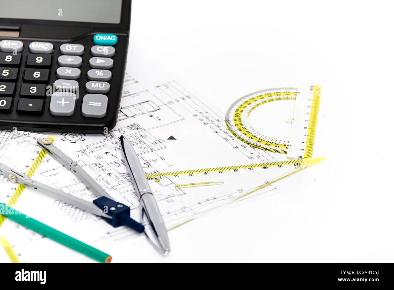 Photo of the Architectural project, pair of compasses, rulers and ...