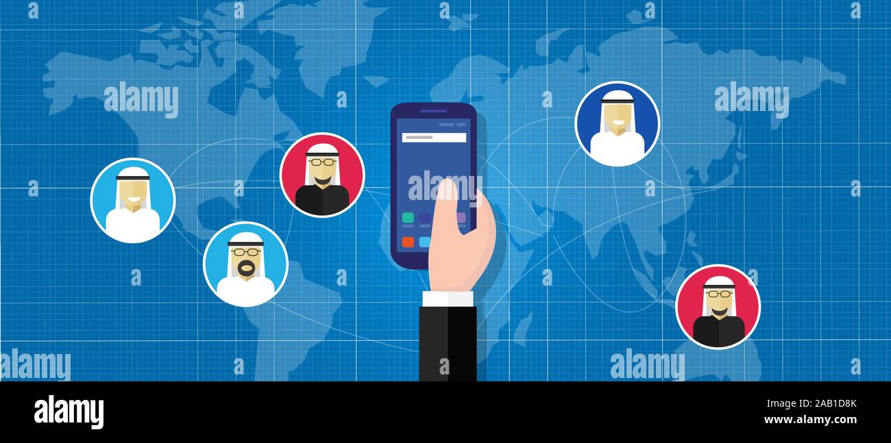 Smartphone connected technology Arab people business map global ...