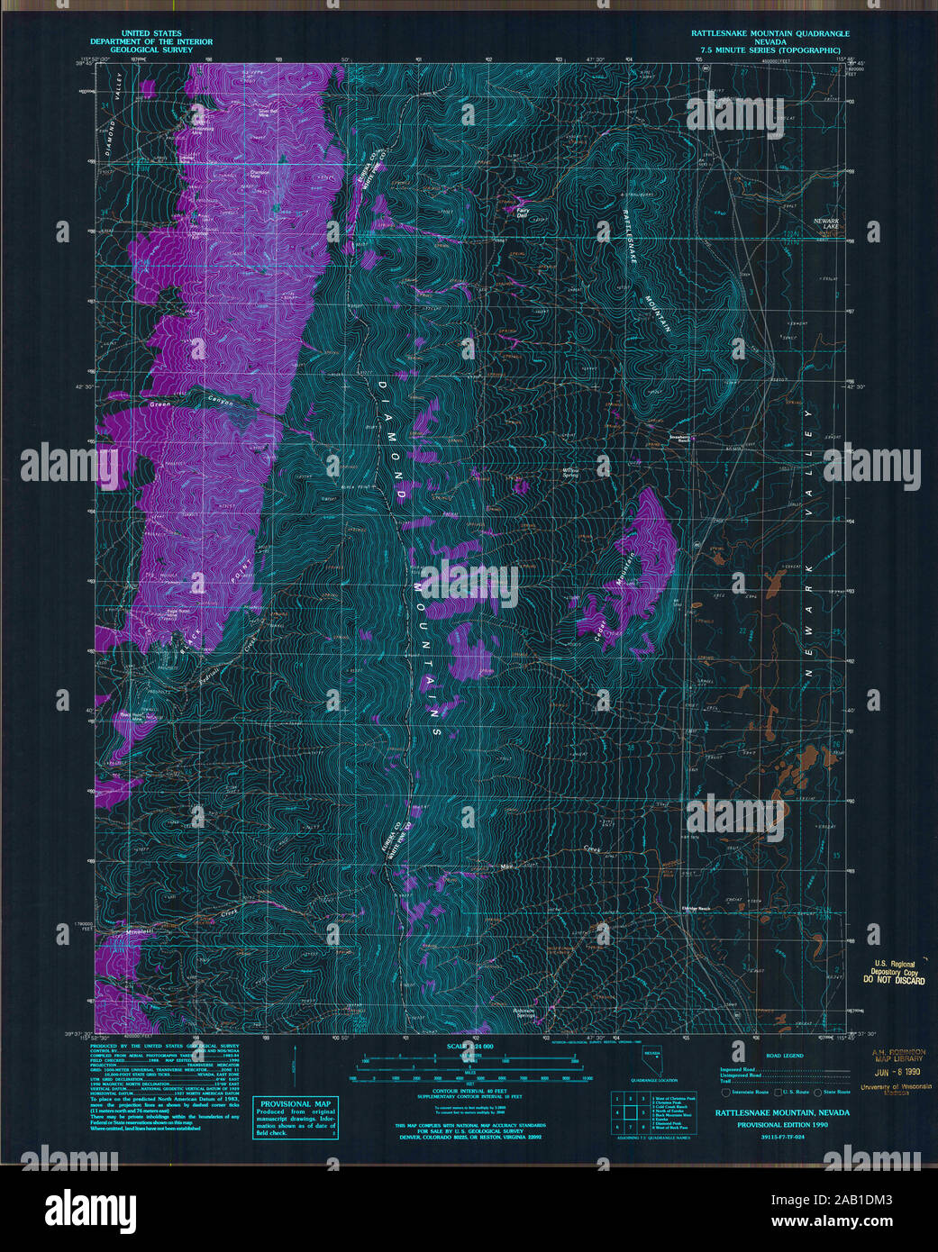 USGS TOPO Map Nevada NV Rattlesnake Mountain 518729 1990 24000 Inverted Restoration Stock Photo ...