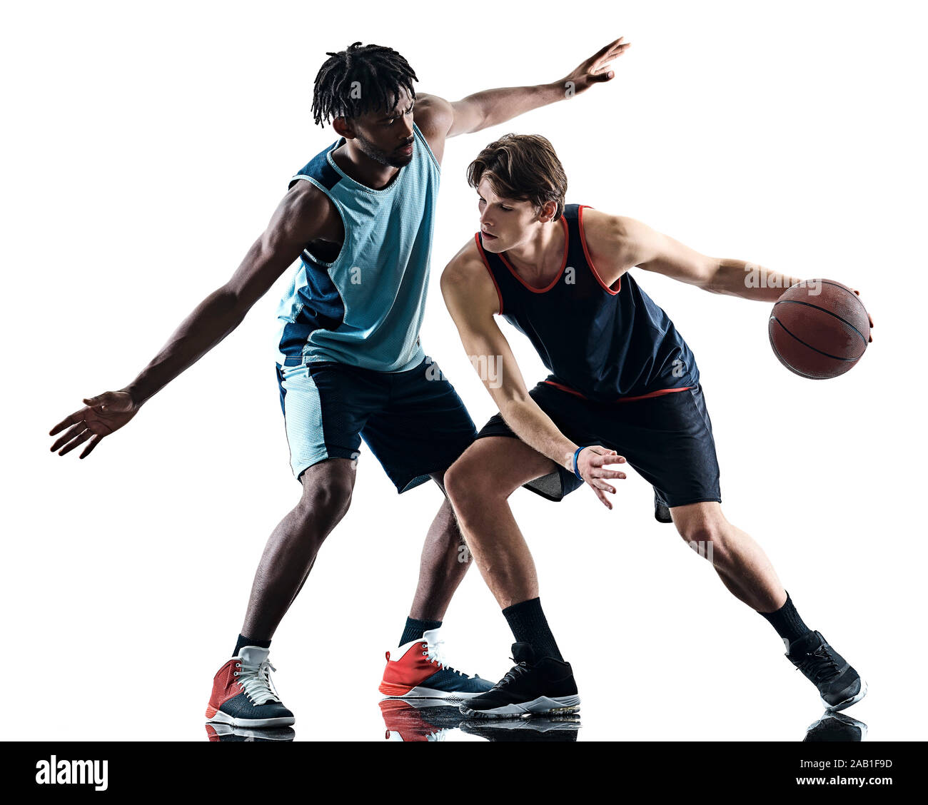 two basketball players men isolated in silhouette shadow on white ...