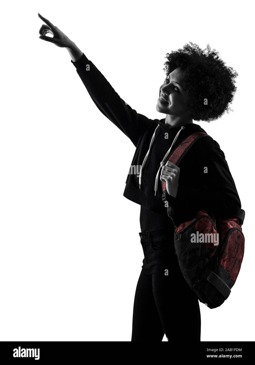 one mixed race african young teenager girl woman looking up pointing in ...