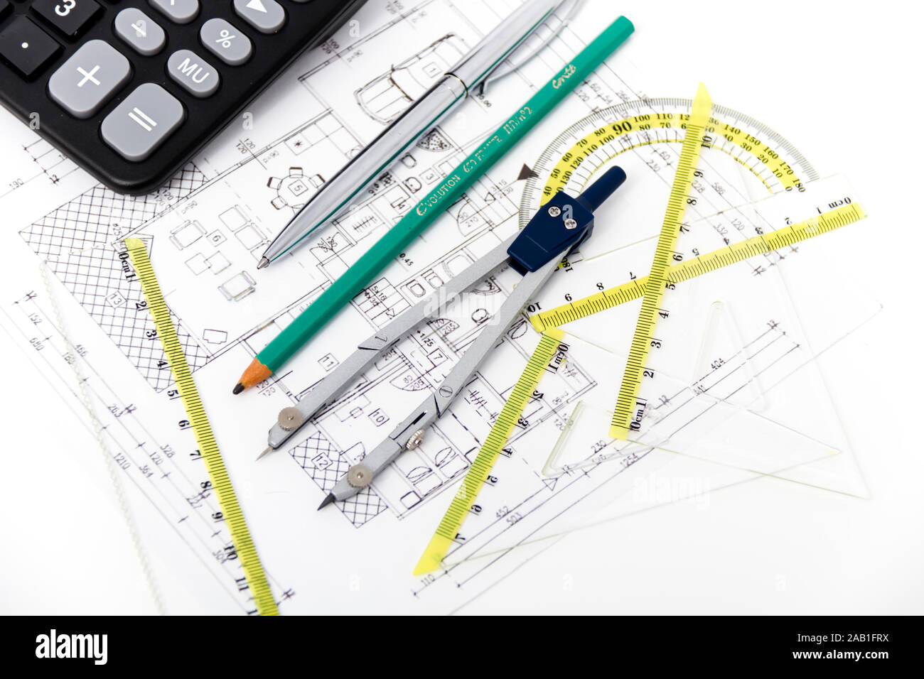 Photo of the Architectural project, pair of compasses, rulers and ...