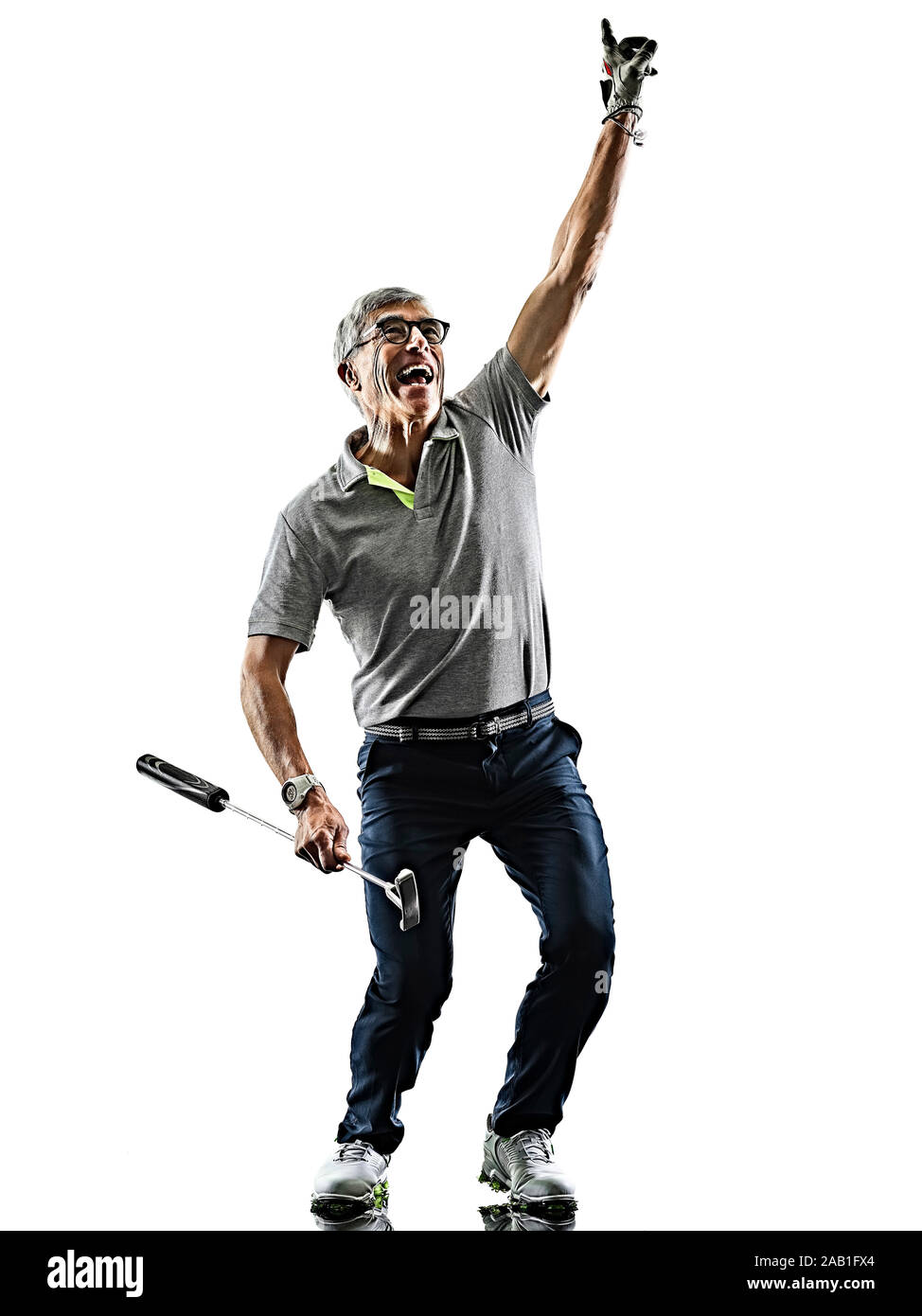 one caucasian senior man golfer golfing in studio shadow silhouette ...