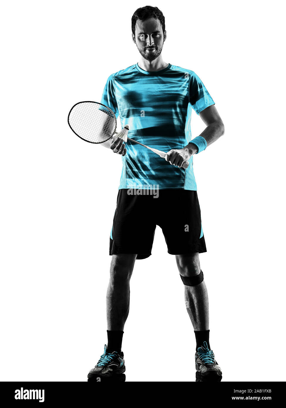 one caucasian Badminton player man in studio shadow silhouette isolated ...