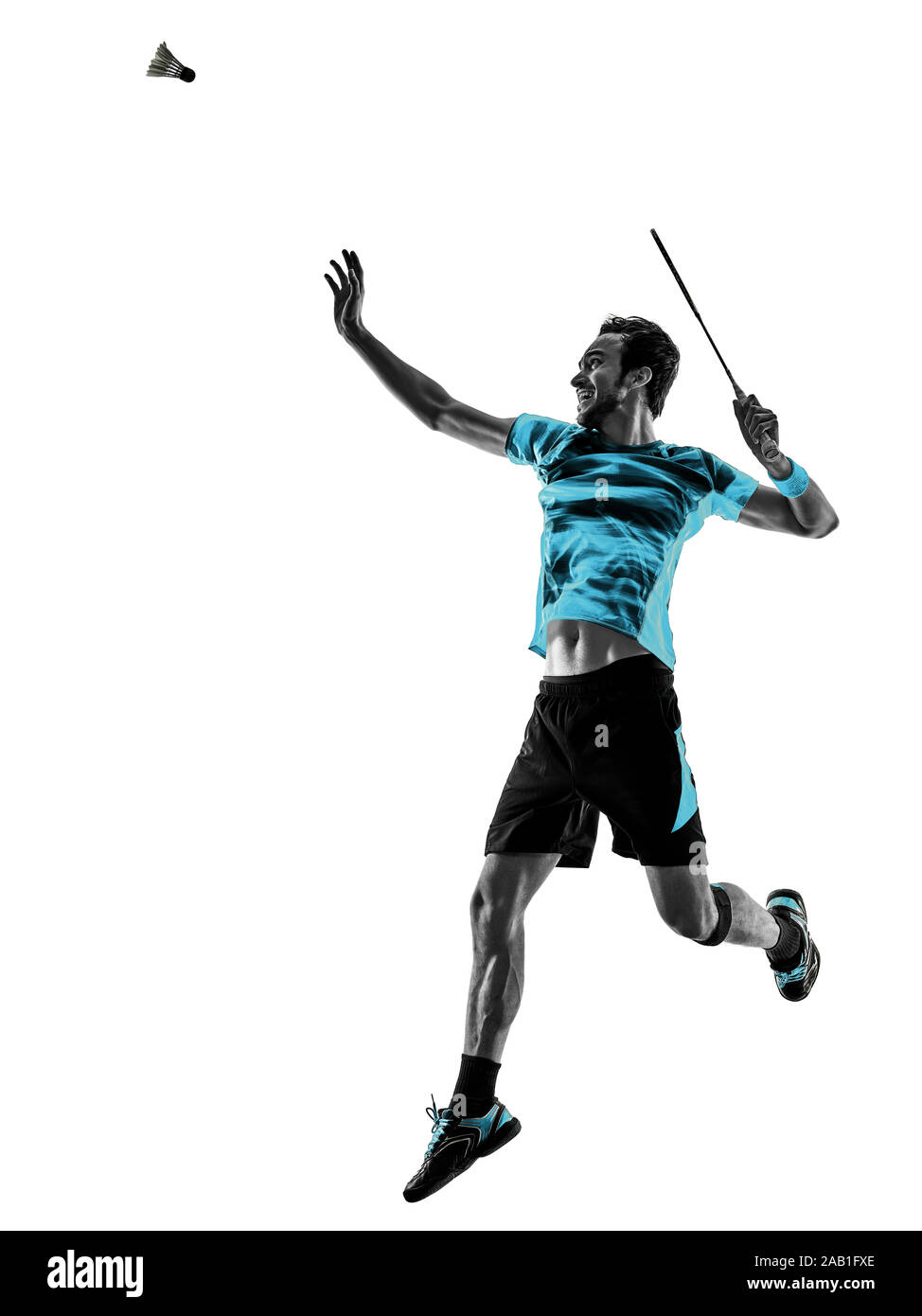 one caucasian Badminton player man in studio shadow silhouette isolated ...