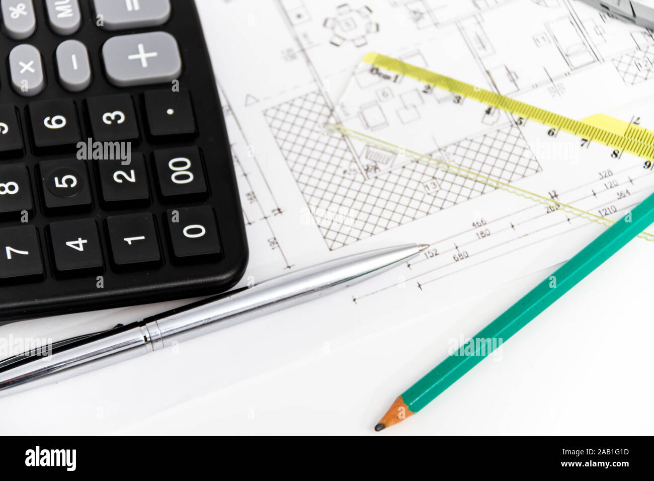Photo of the Architectural project, pair of compasses, rulers and ...