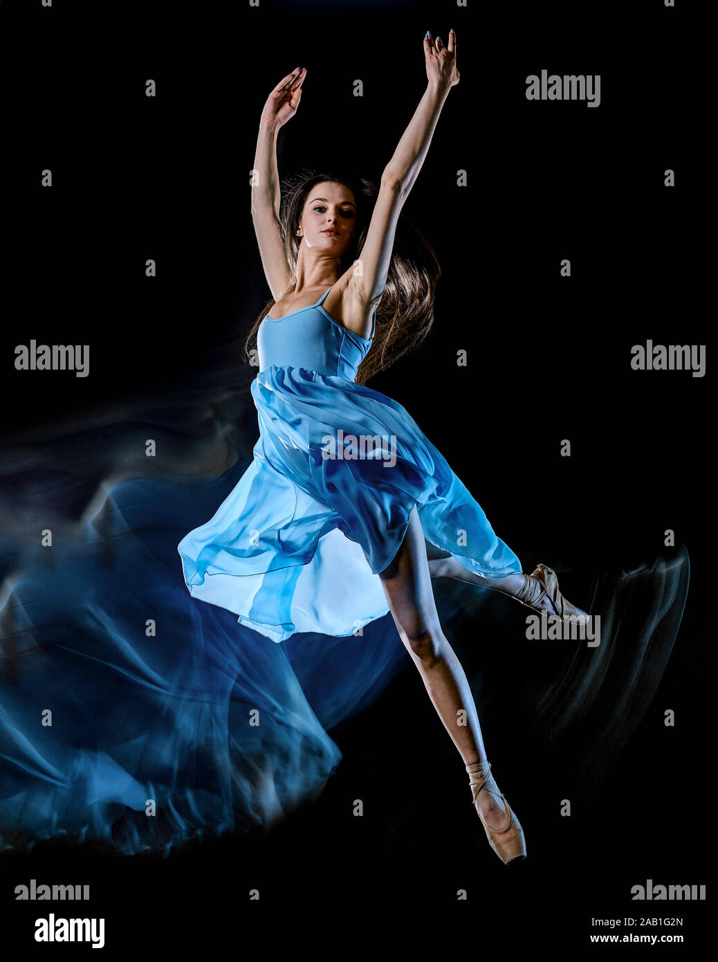 one caucasian young woman ballet dancer dancing isolated on black ...