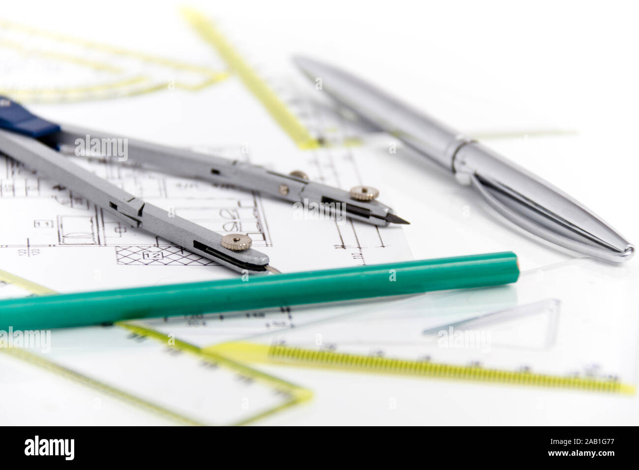 Photo of the Architectural project, pair of compasses, rulers and ...