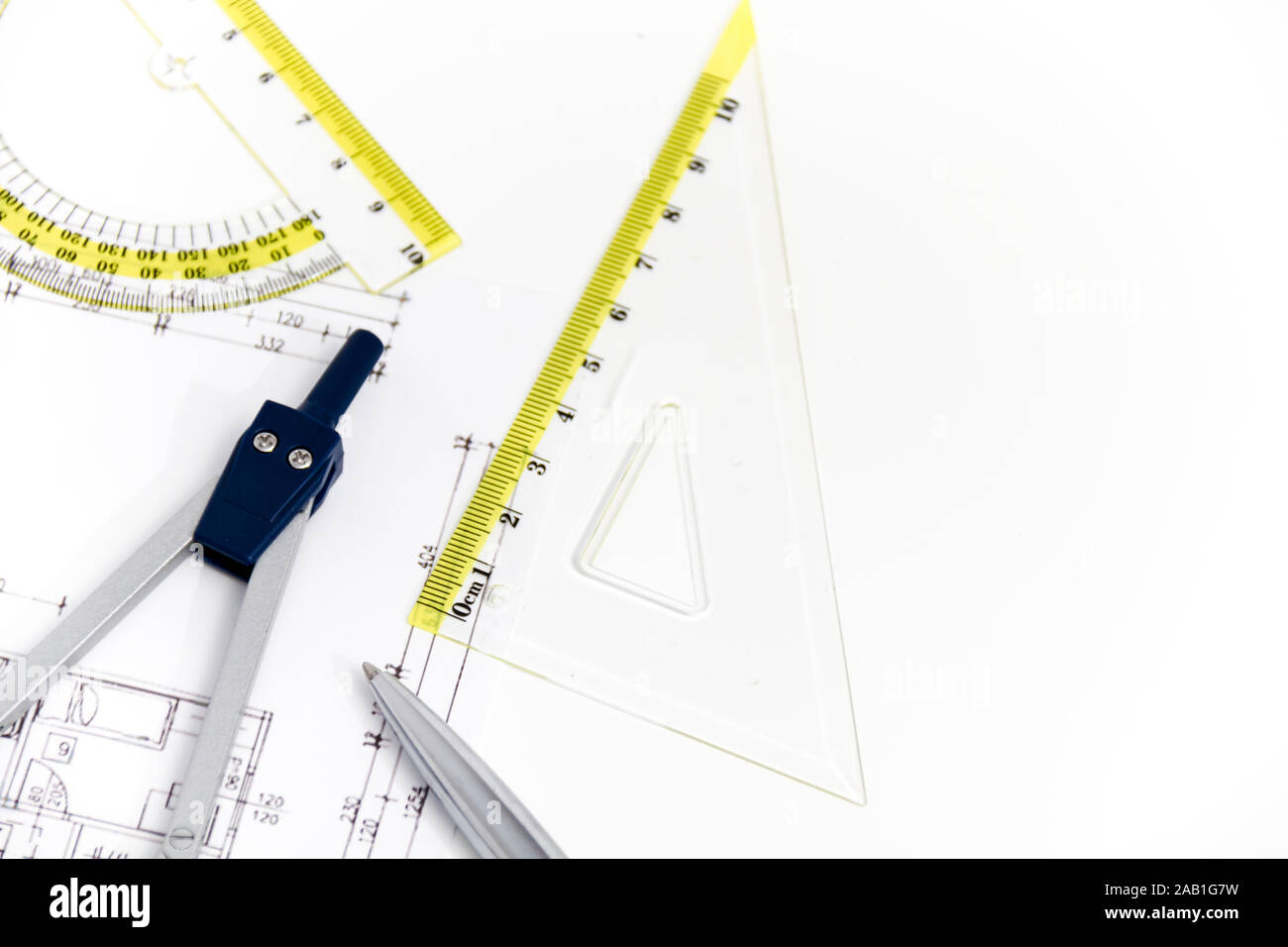 Photo of the Architectural project, pair of compasses, rulers and ...