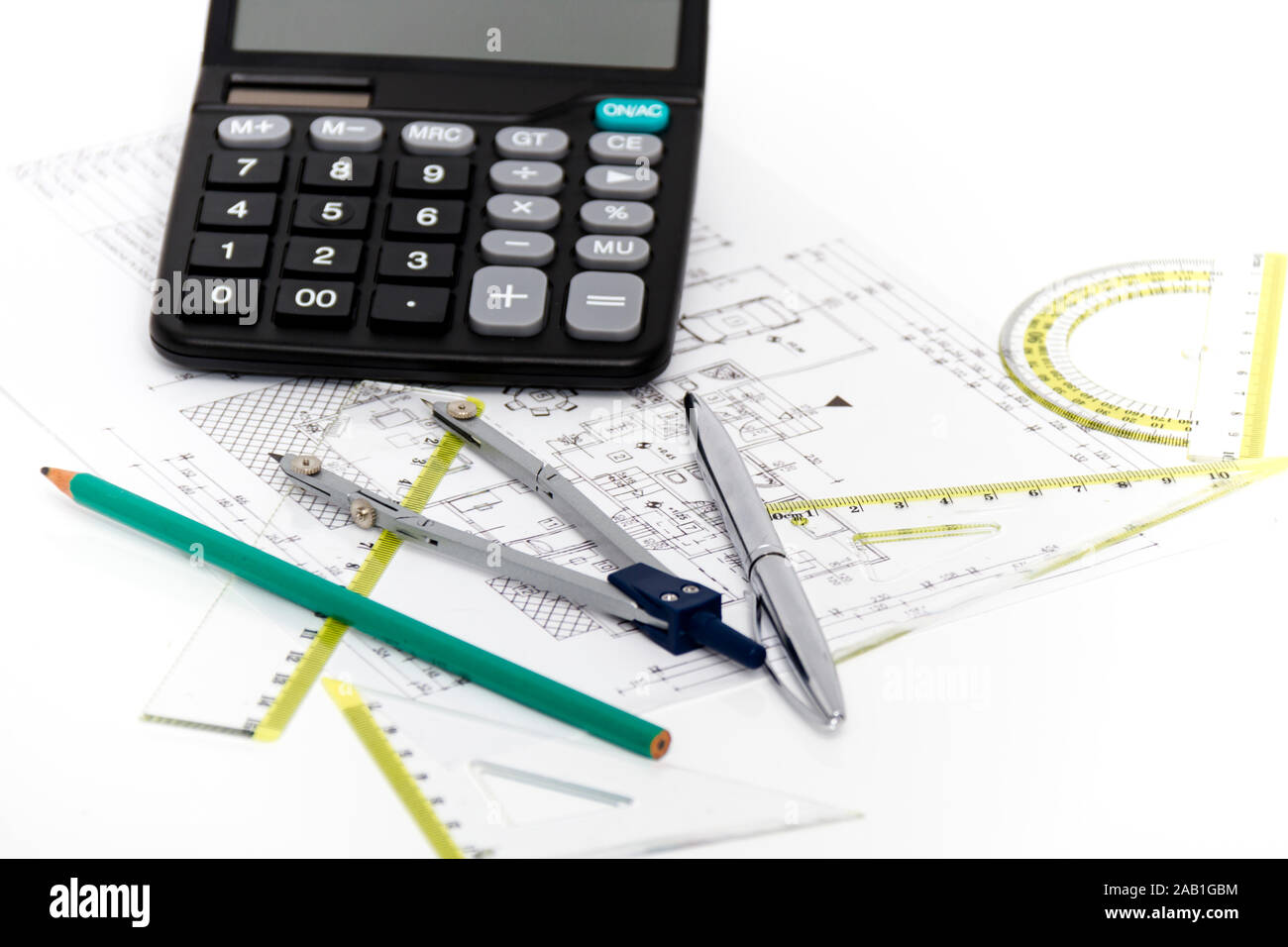 Photo of the Architectural project, pair of compasses, rulers and ...