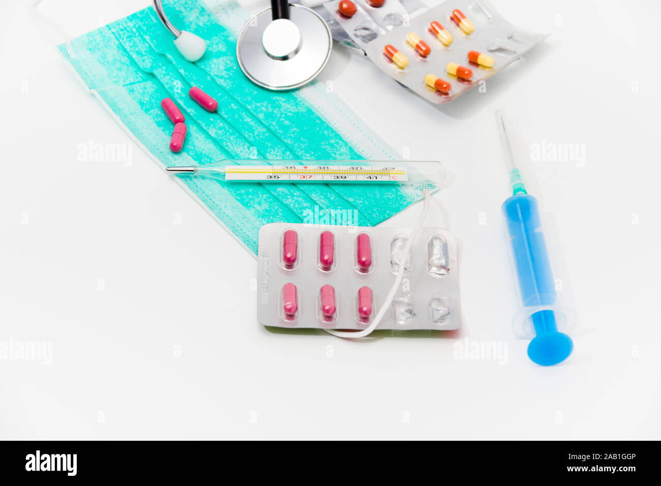 Photo of the Set for flu treatment - pills, thermometer, nasal sprays ...