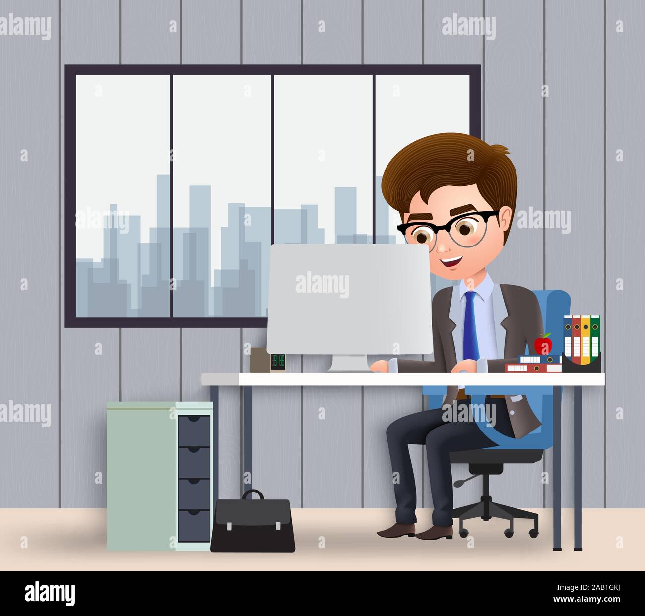 Business character working computer job vector concept. Business male ...