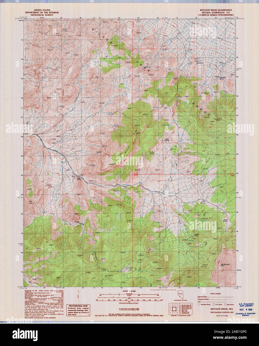USGS TOPO Map Nevada NV Rhyolite Ridge 518771 1987 24000 Restoration ...