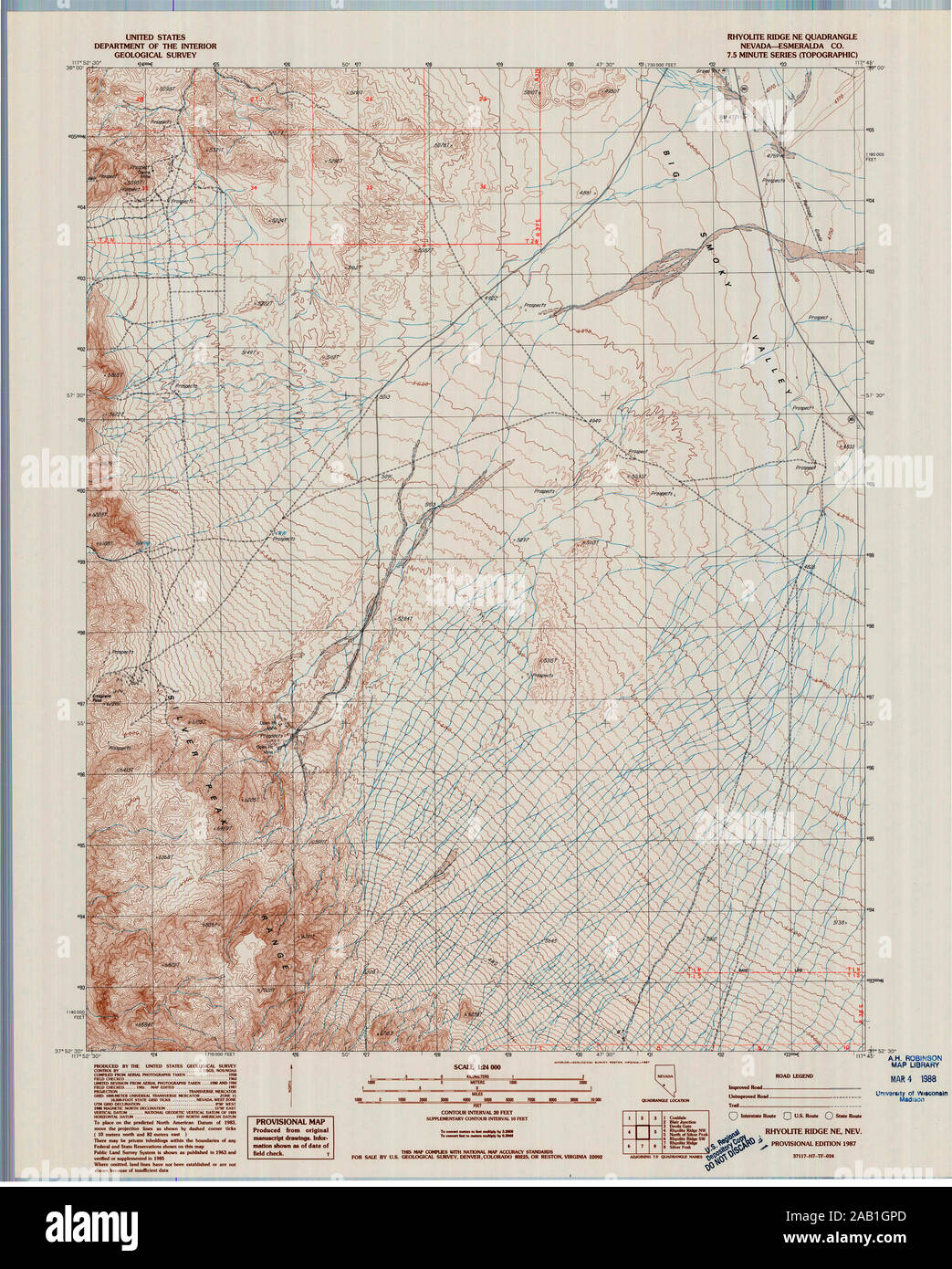 USGS TOPO Map Nevada NV Rhyolite Ridge NE 518773 1987 24000 Restoration ...
