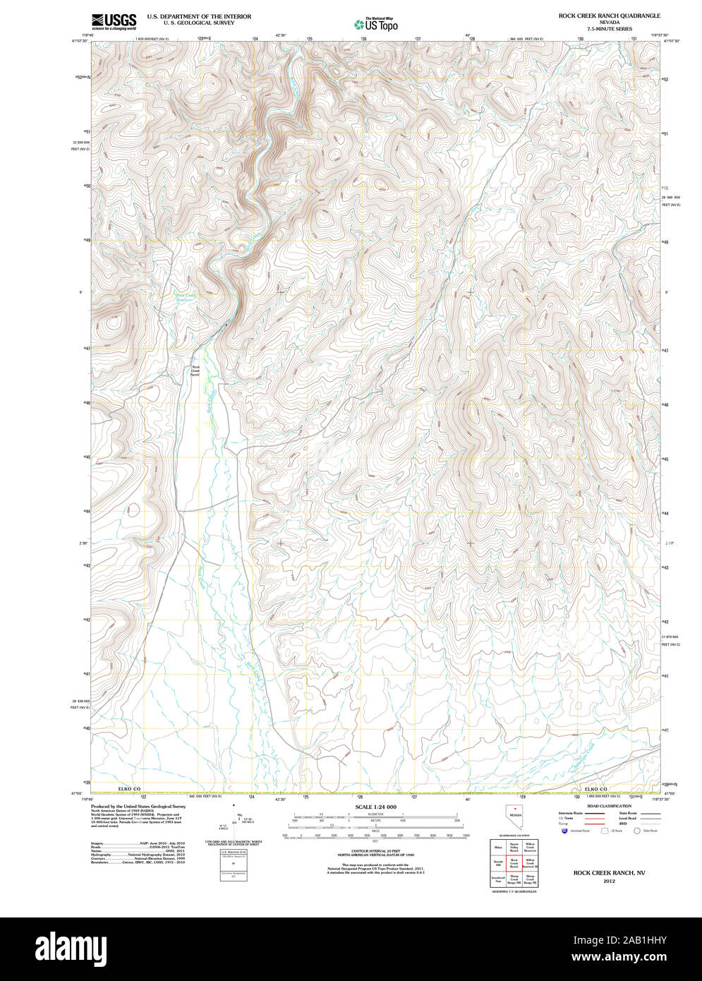 USGS TOPO Map Nevada NV Rock Creek Ranch 20120210 TM Restoration Stock ...