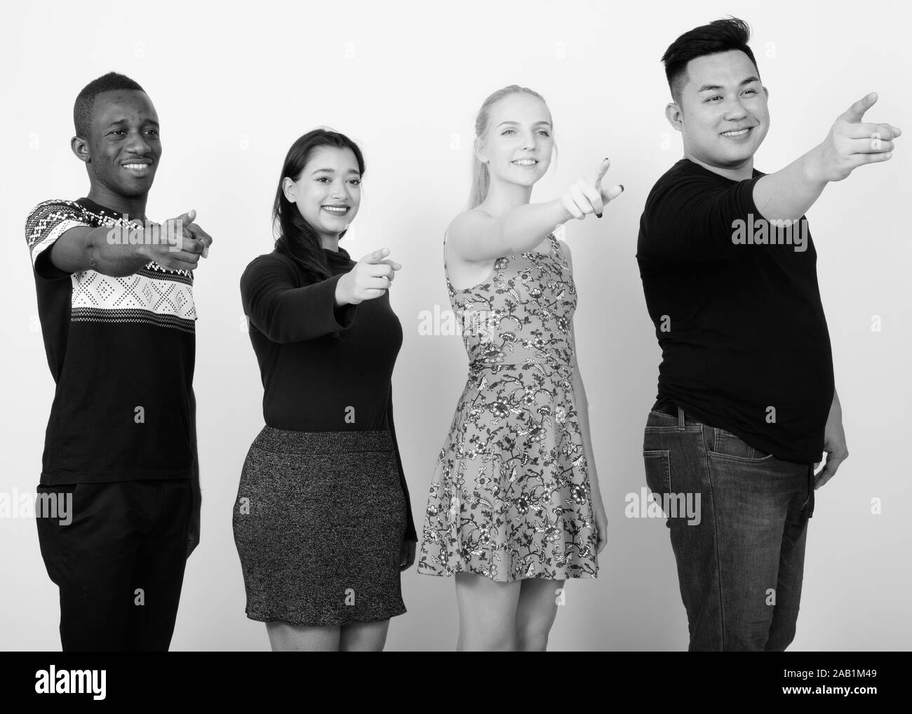 Studio shot of happy diverse group of multi ethnic friends smiling and ...