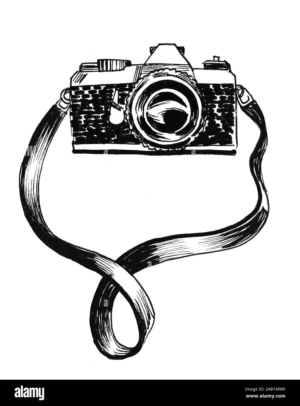 Retro analog camera. Ink black and white drawing Stock Photo - Alamy