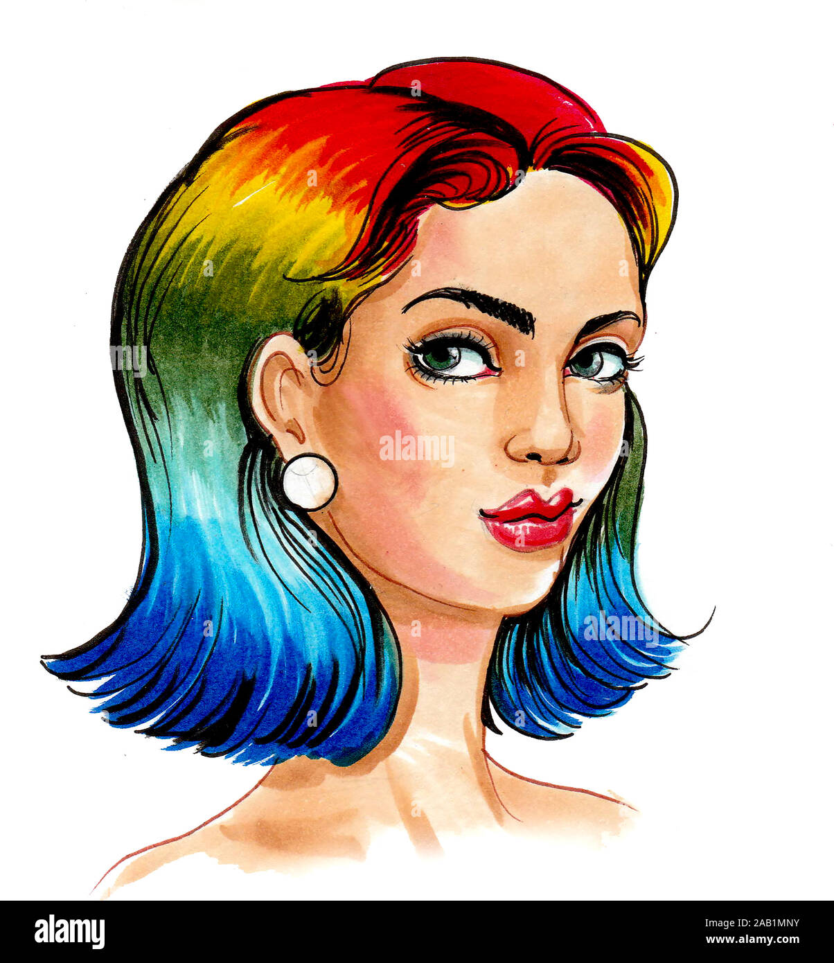 Pretty girl with a rainbow colored hair. Ink and watercolor ...