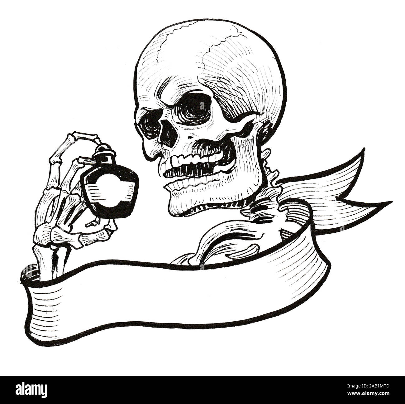 skeleton holding a small bottle of poison. Ink black and white drawing ...