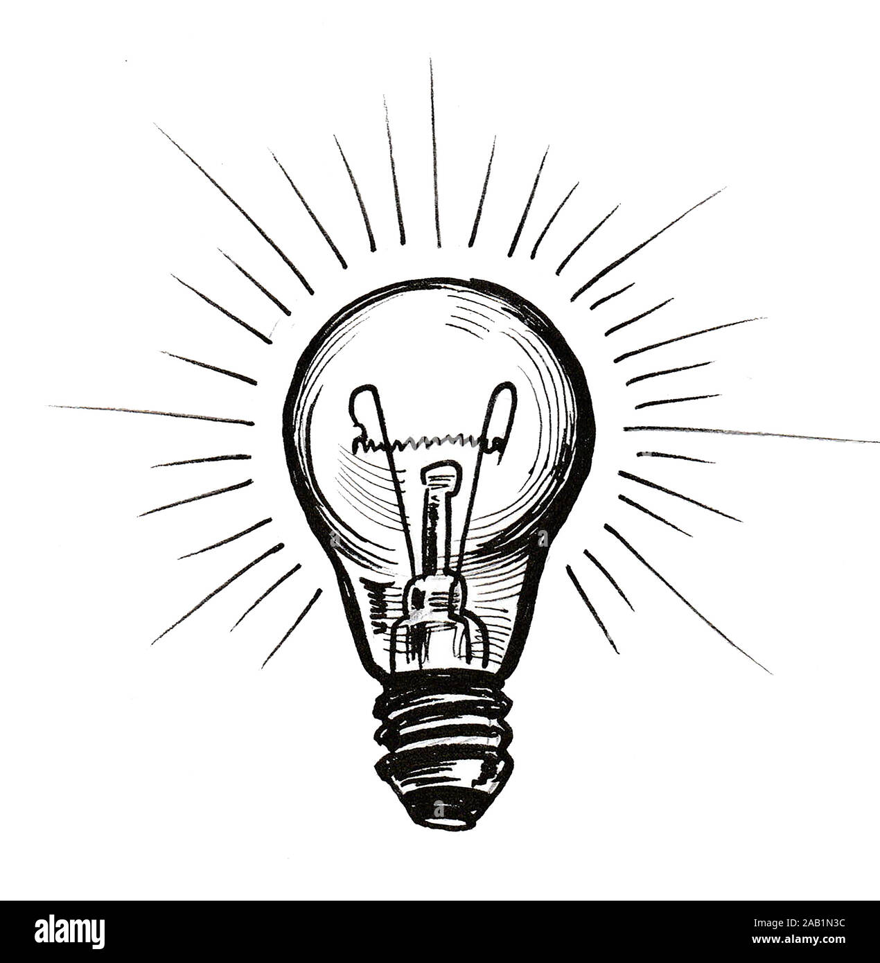 Shining electric bulb. Ink black and white drawing Stock Photo - Alamy