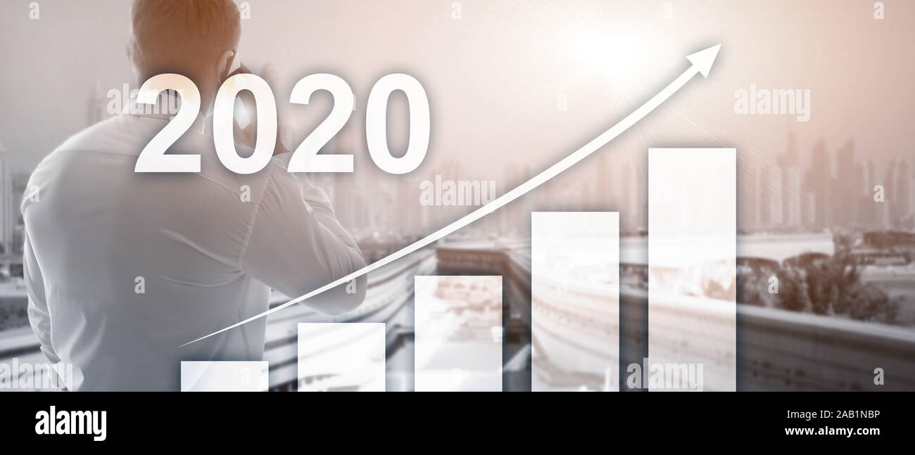 Growth in 2020 year. Business graph with arrow up. Mixed Media ...