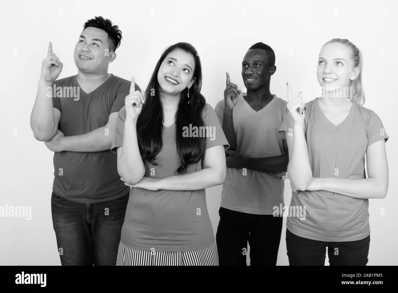 Studio shot of happy diverse group of multi ethnic friends smiling and ...